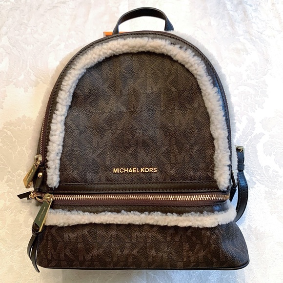 Michael Kors | Bags | Michael Kors Rhea Fur Trim Brown Monogram ...